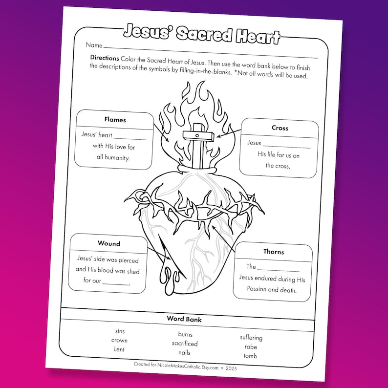 Printable Sacred Heart of Jesus Worksheet | Digital Download - Etsy
