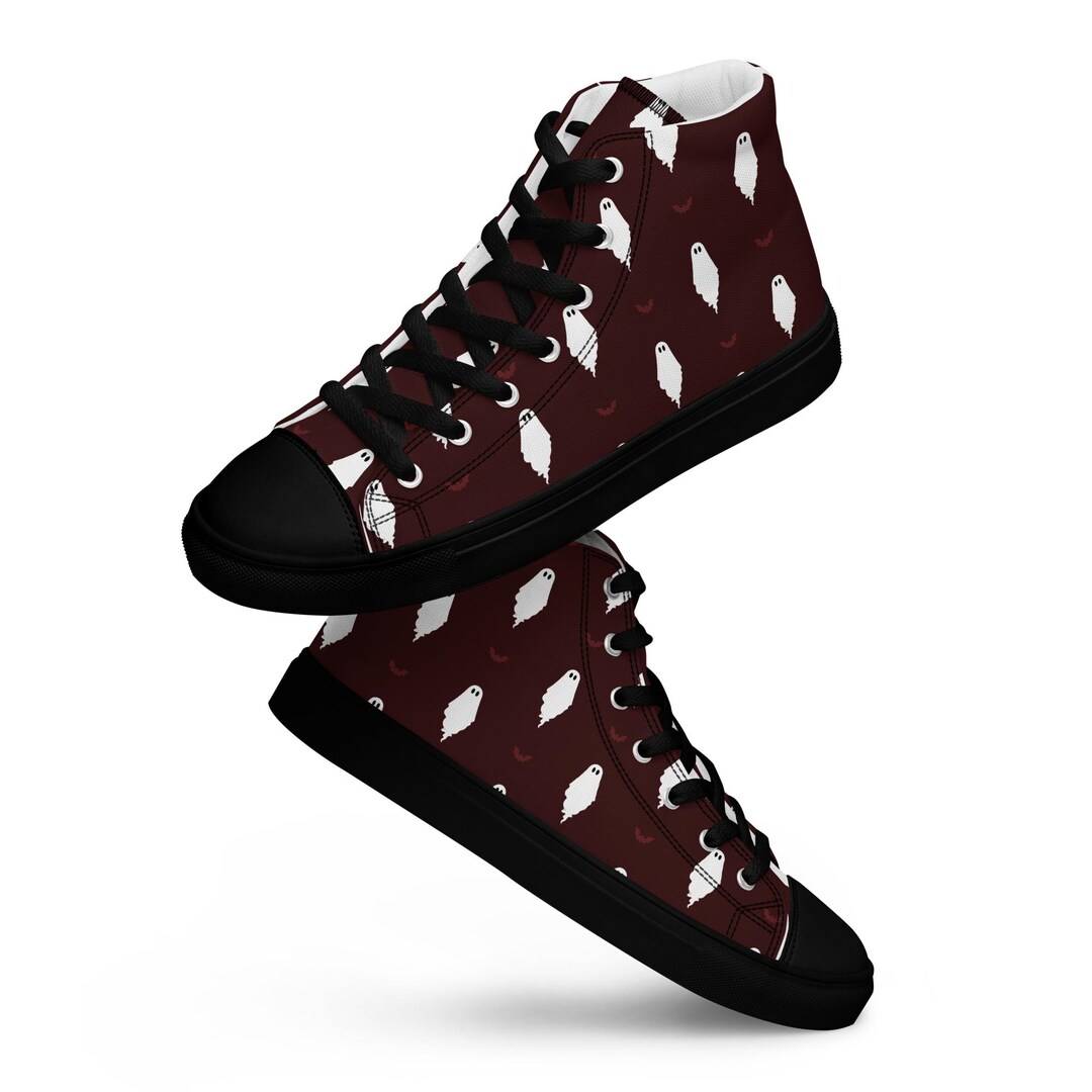 Men's Burgundy Ghost & Bat High Tops | Dark Red Gothic Canvas Sneakers ...