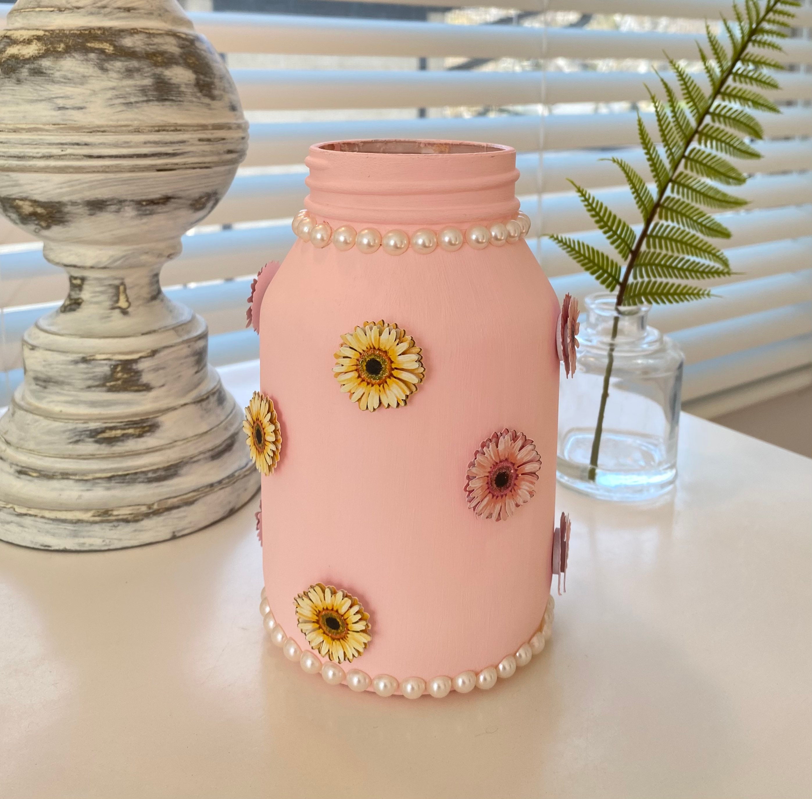 Gorgeous boho hand-painted pink quart mason jar with flower | Etsy
