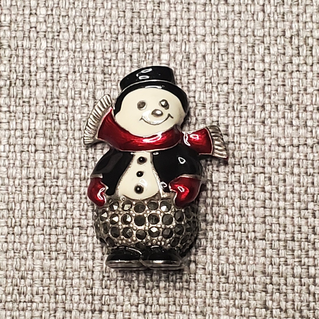 Vintage Enameled Marcasite Snowman Brooch - Etsy