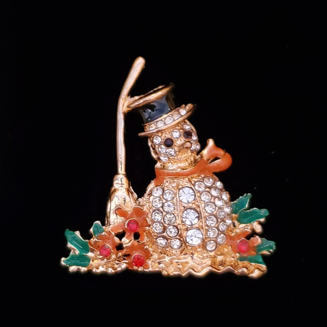 Vintage Enameled Rhinestone Snowman Brooch - Etsy