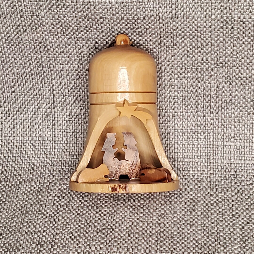 Vintage Carved Olive Wood Nativity Bell Ornament - Etsy