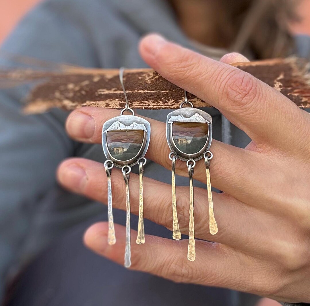 Sterling Silver Mountain Fringe Earrings, Silversmith Earrings, Everyday Earrings, Mountain ...
