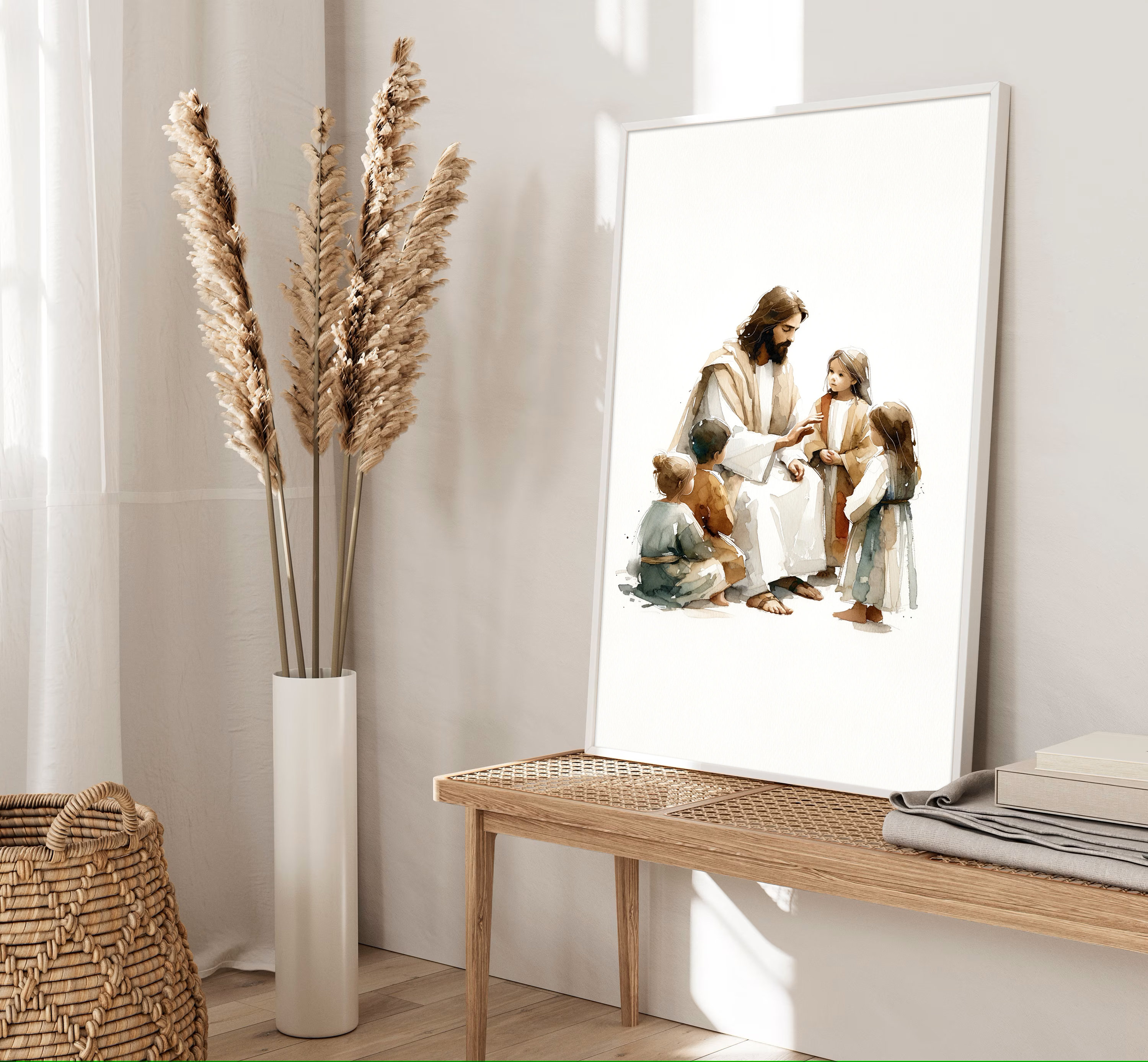 Jesus Teaching Children Watercolor Wall Art Poster Minimal Modern Holy ...