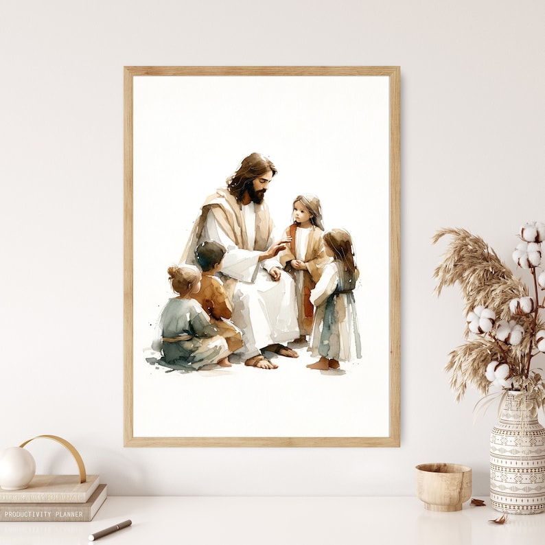 Jesus Teaching Children Watercolor Wall Art Poster Minimal Modern Holy ...