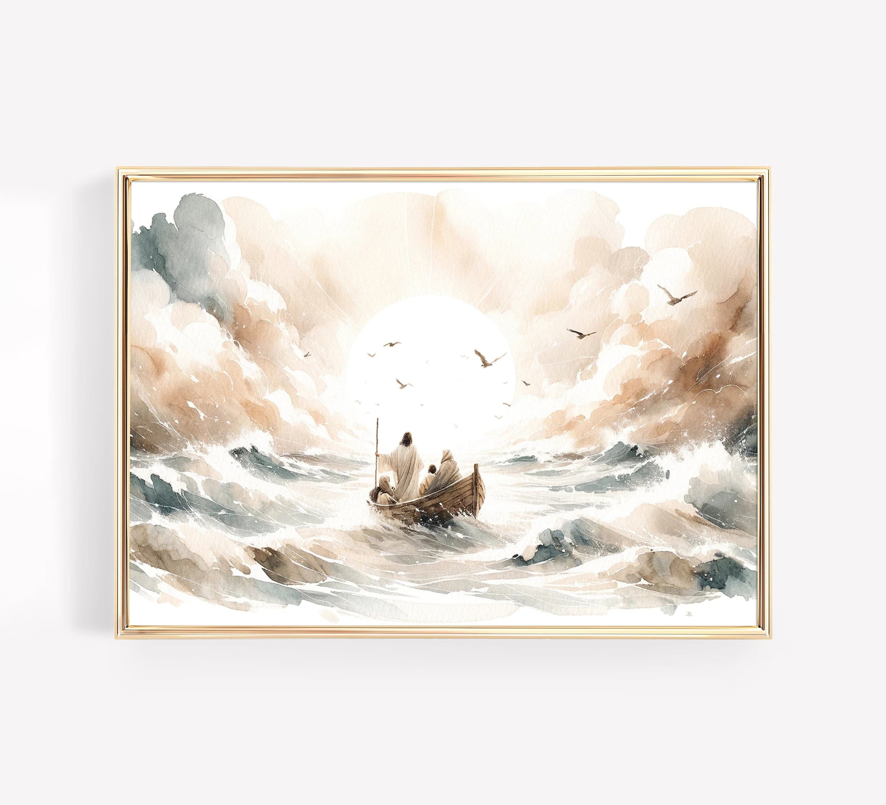 Jesus Calms the Storm Canvas Wall Art Hush Be Still Poster Watercolor ...