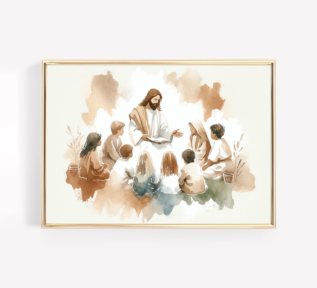Jesus Teaching Children Watercolor Wall Art Poster Minimal Modern Holy ...