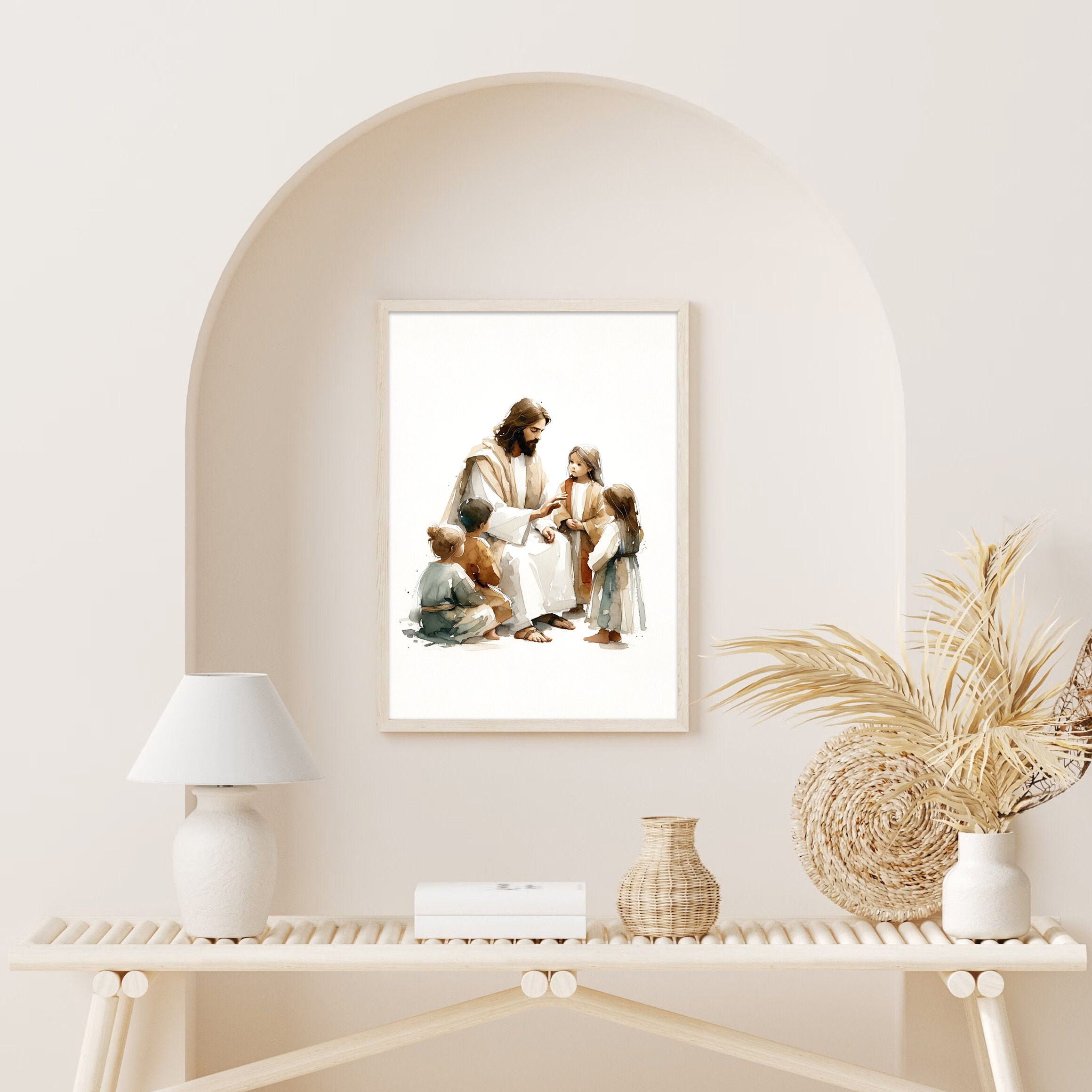 Jesus Teaching Children Watercolor Wall Art Poster Minimal Modern Holy ...