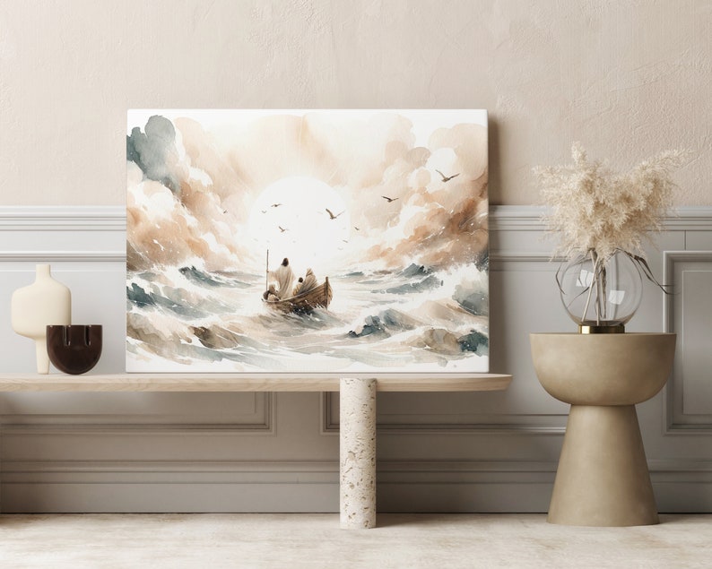 Jesus Calms the Storm Canvas Wall Art Hush Be Still Poster Watercolor ...