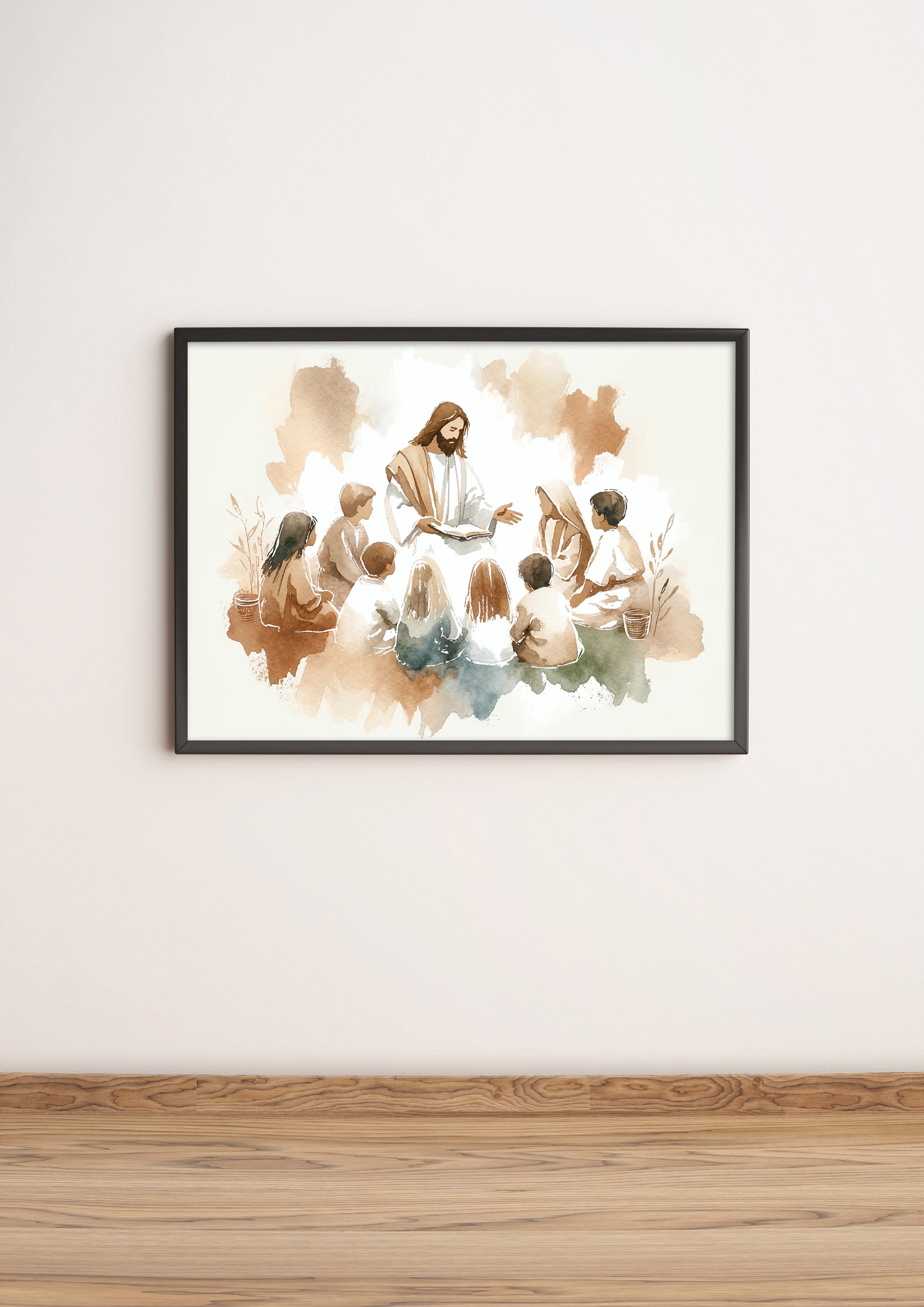 Jesus Teaching Children Watercolor Wall Art Poster Minimal Modern Holy ...