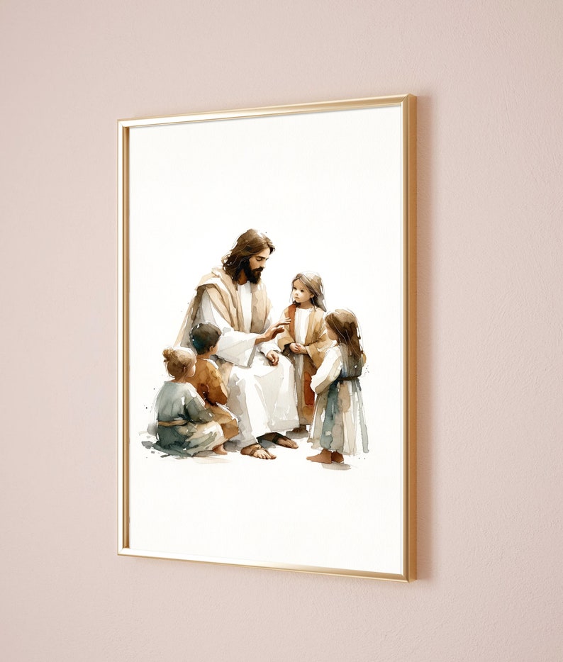 Jesus Teaching Children Watercolor Wall Art Poster Minimal Modern Holy ...