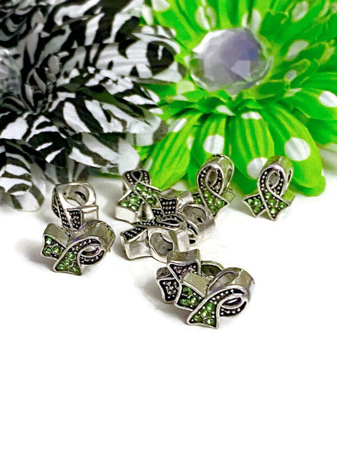 Light Green Rhinestone Bling Awareness Slide Bead - Lyme Disease Liver ...