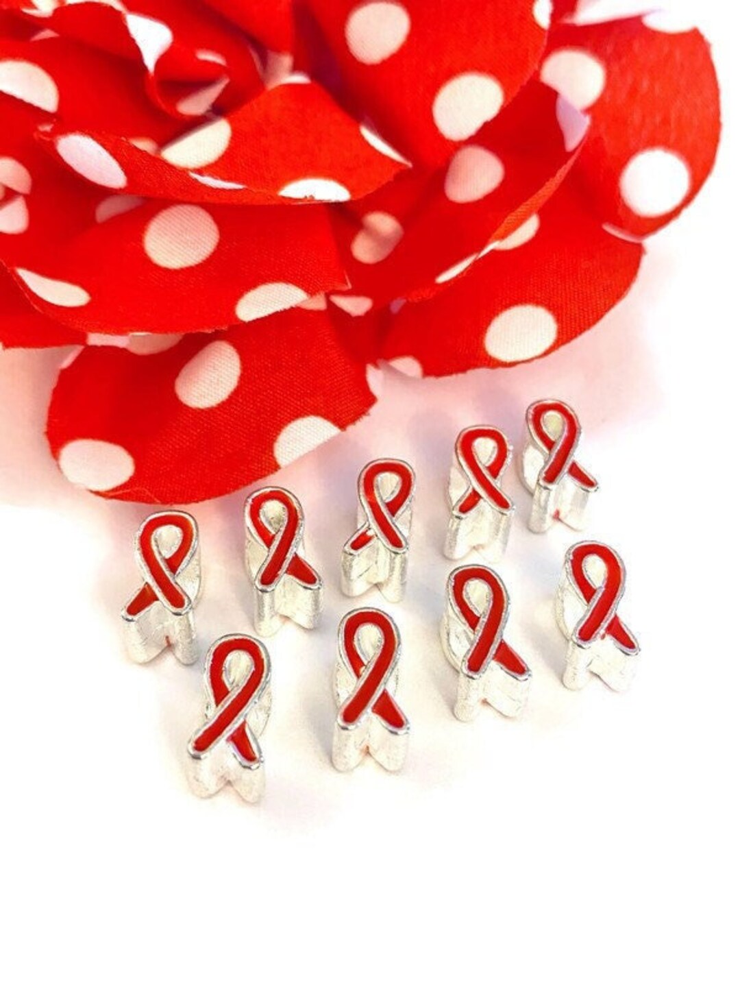 10 Pc Red Awareness Ribbon Slide Bead Charms AIDS/HIV Awareness Blood ...