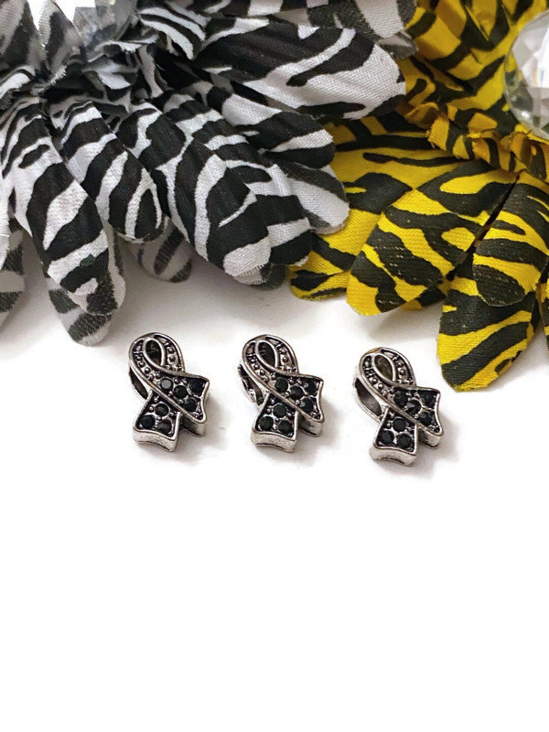 Black Rhinestone Bling Awareness Ribbon Slide Bead Charms - Melanoma ...