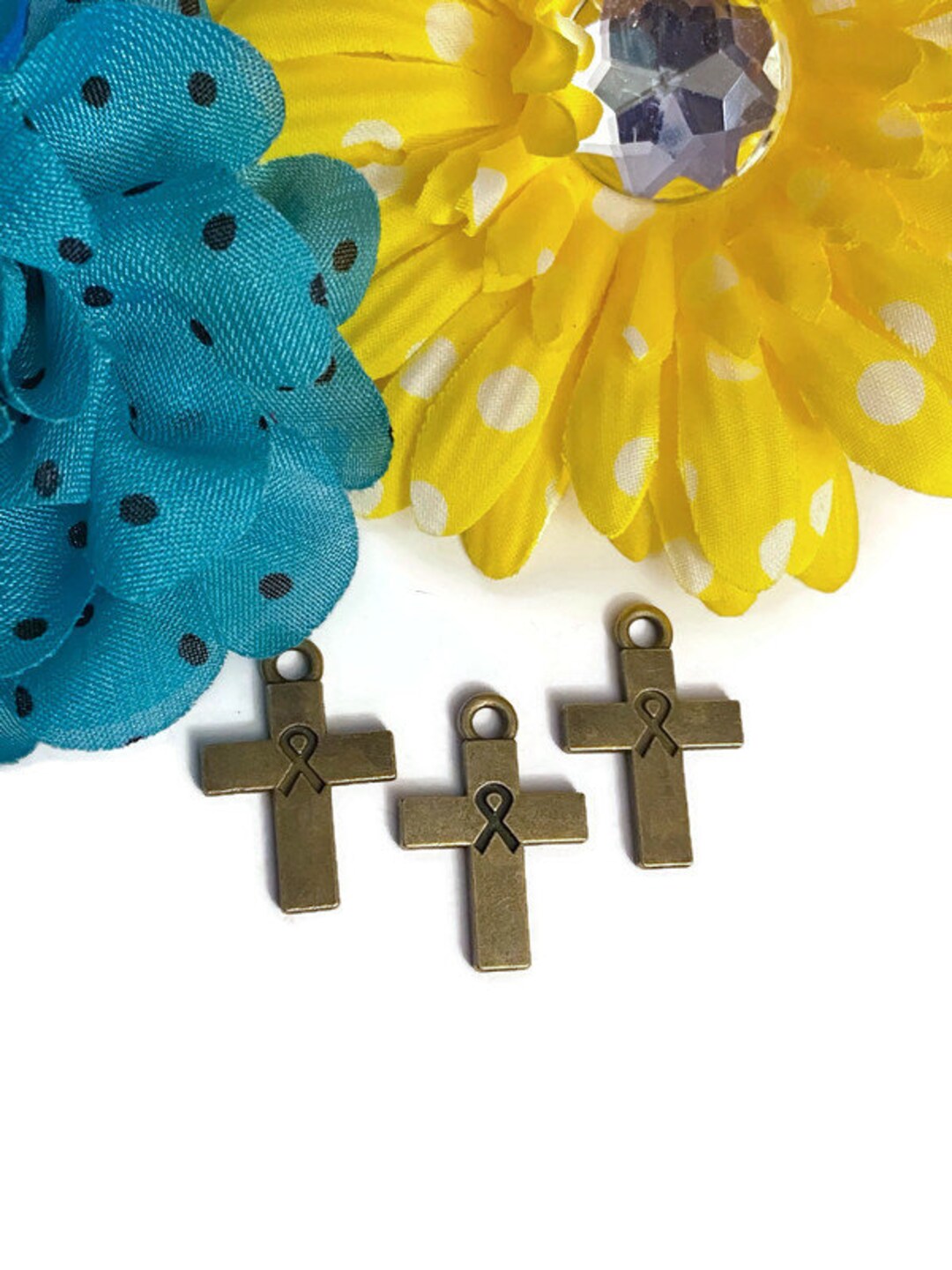 Antique Bronze Tone Awareness Ribbon Religious Double-sided Cross Charm ...