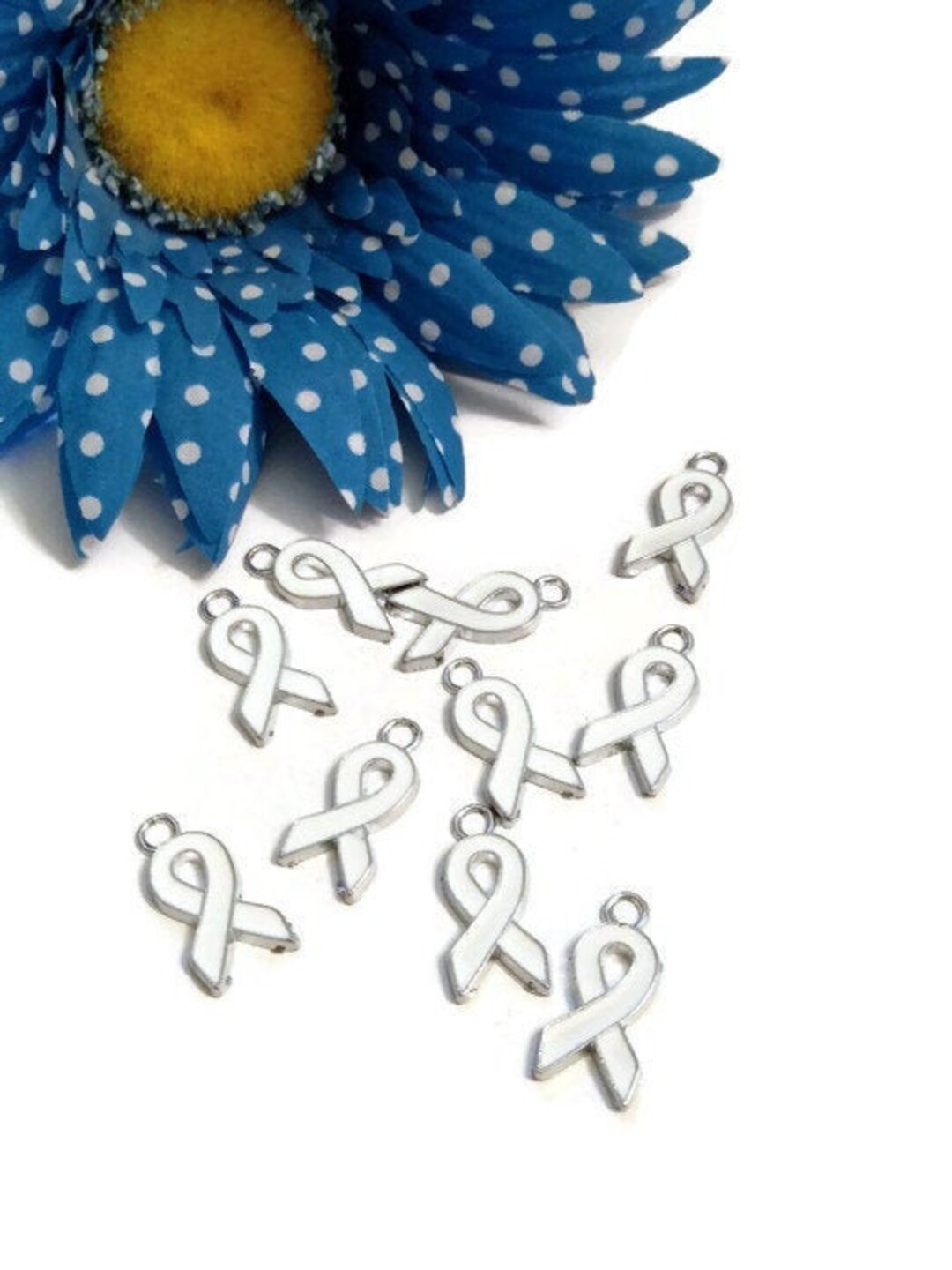 White Enamel Awareness Ribbon Pendant Charms Cancer Adoption Lung ...