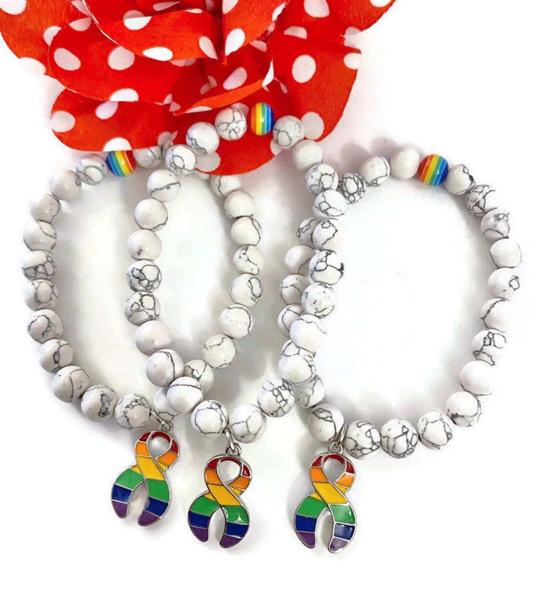 LGBTQ Jewelry Natural White Stone Bead Bracelet- LGBTQ Awareness Pride ...