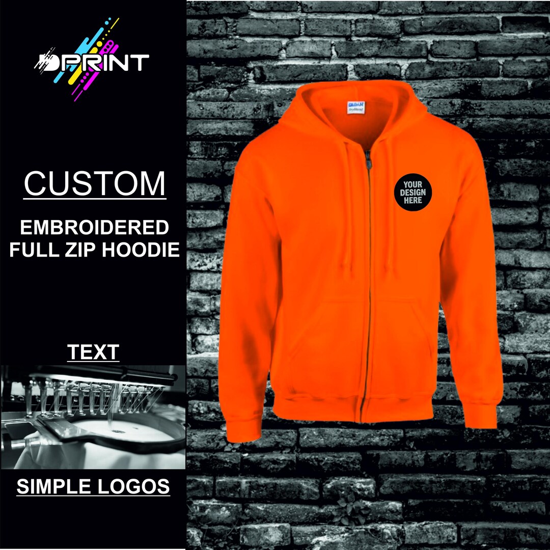Custom Embroidered Full Zip Hoodie Gildan Heavy Blend Personalised Text ...