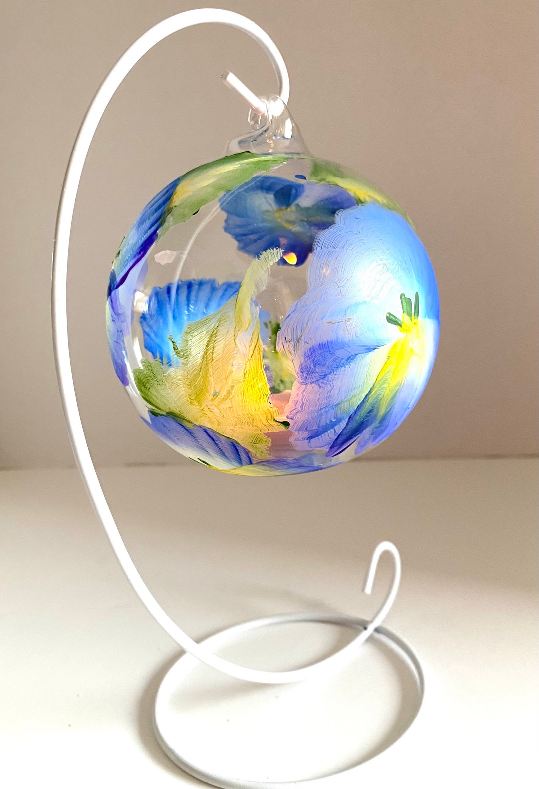 Blue Pansy Glass Hanging or Table Top Tea Light Holder and Bauble. Hand ...