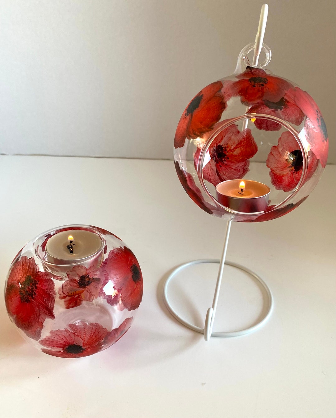 Poppies Glass Hanging or Table Top Tea Light Holder & Bauble. Hand ...