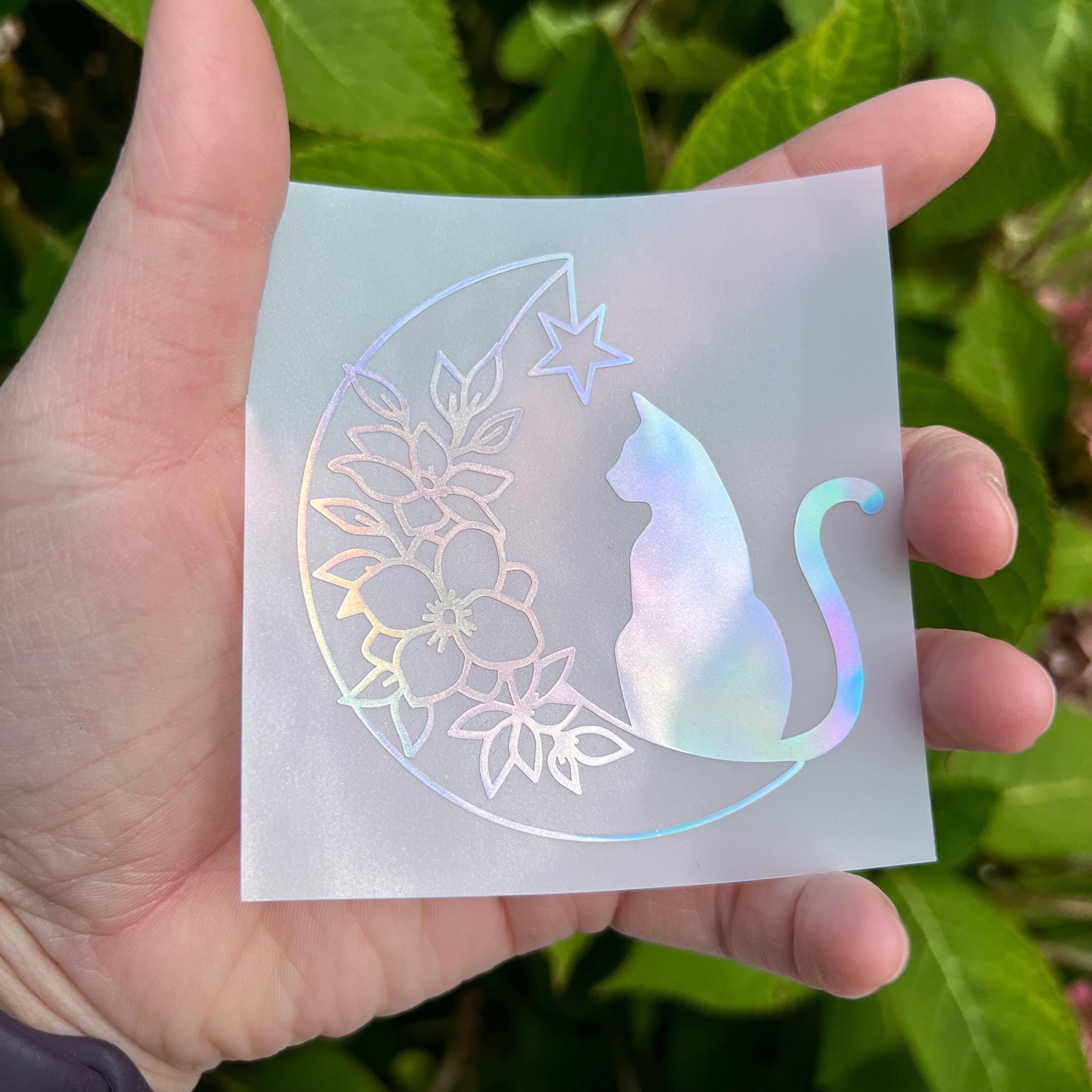 Holographic or Glitter Floral Cat on Moon Decal Sticker, Cup, Phone ...
