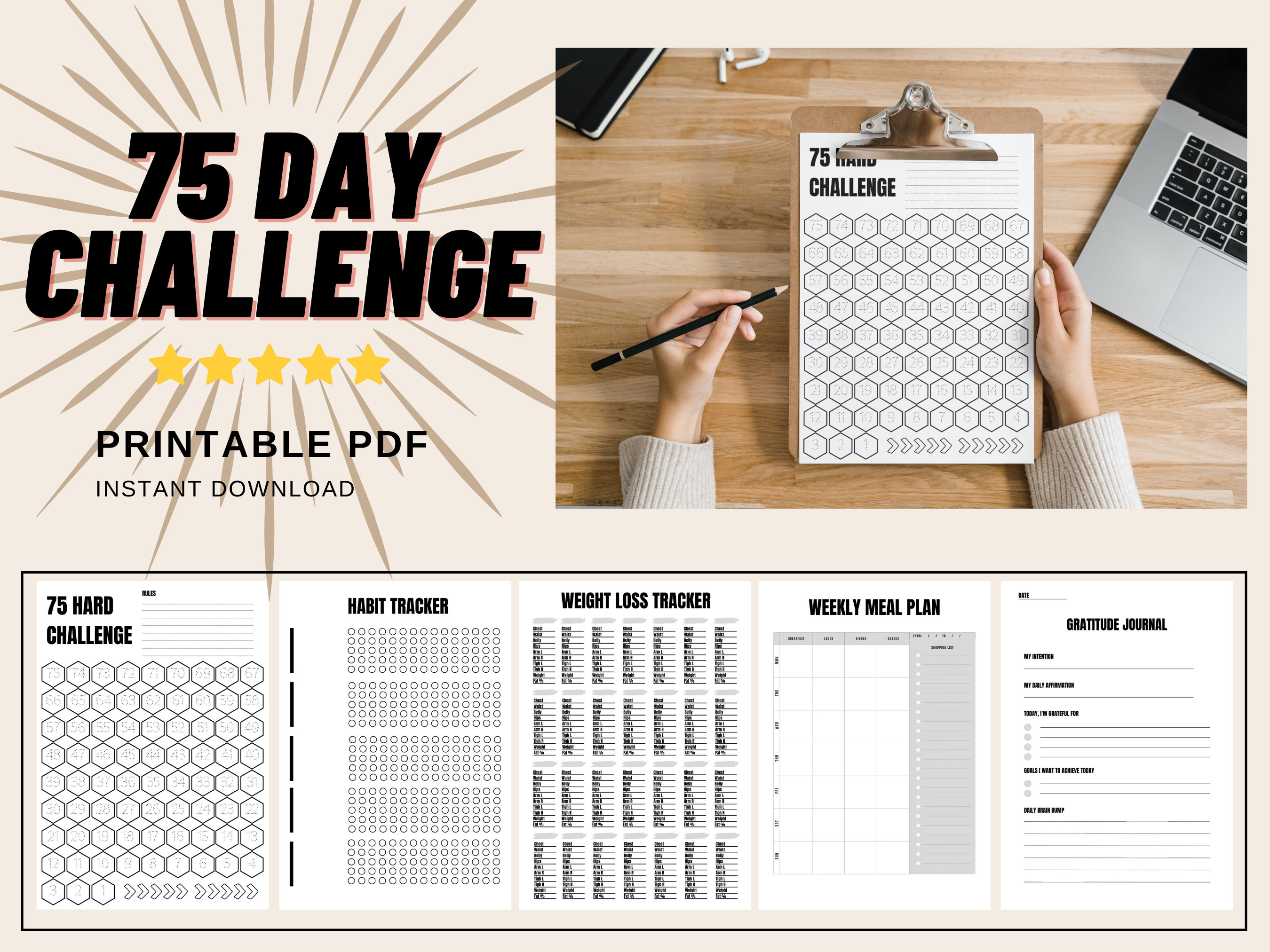 75 Day Challenge Printable PDF Incl. Habit Tracker, Weight Loss Tracker ...
