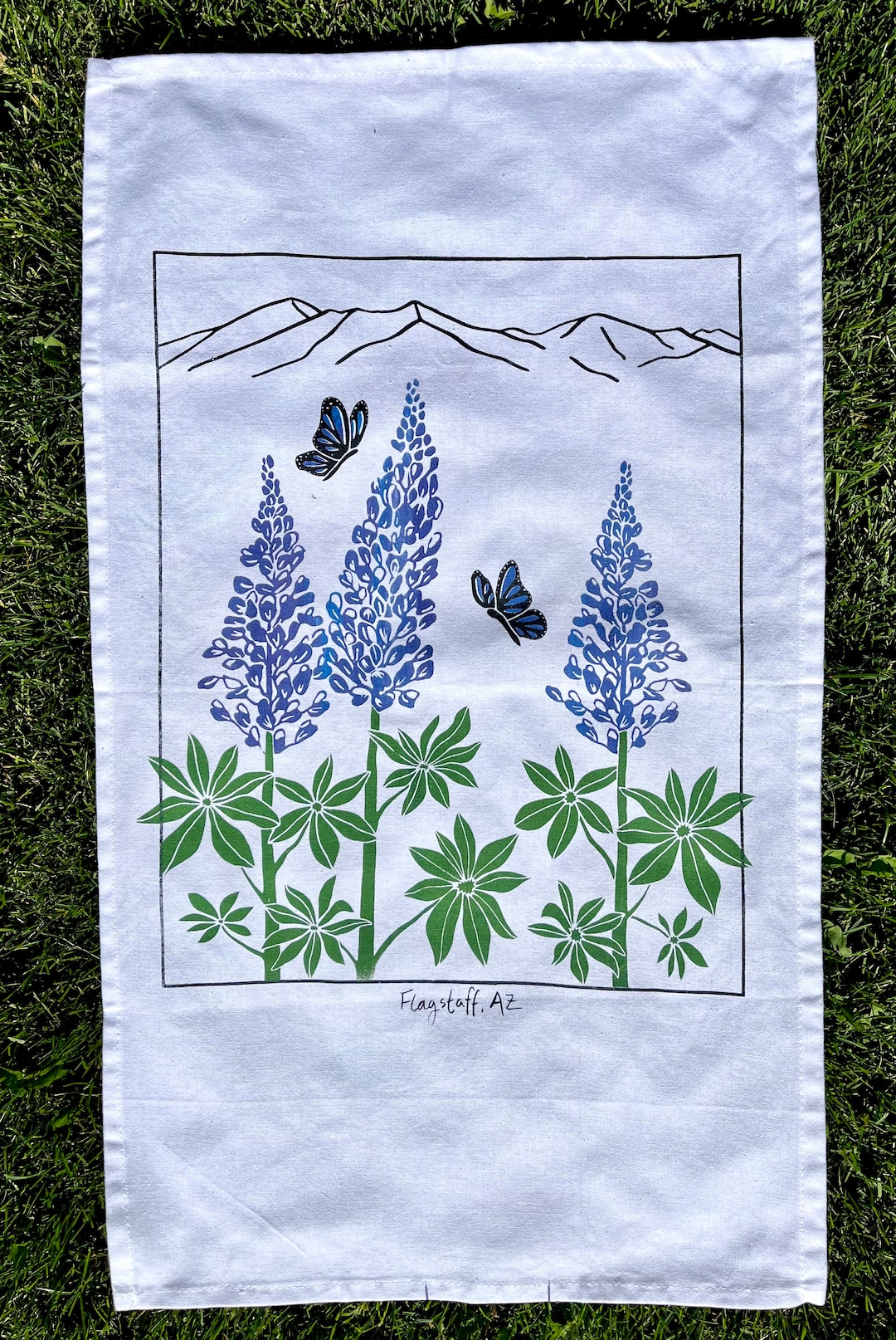 Hand Screen Printed Lupin & Butterfly Tea Towel: 100% Cotton - Etsy