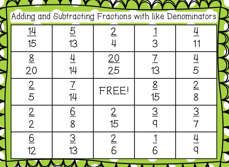 Adding and Subtraction Fractions Bingo--no Simplifying! - Etsy