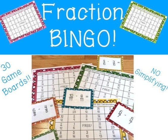 Adding and Subtraction Fractions Bingo--no Simplifying! - Etsy