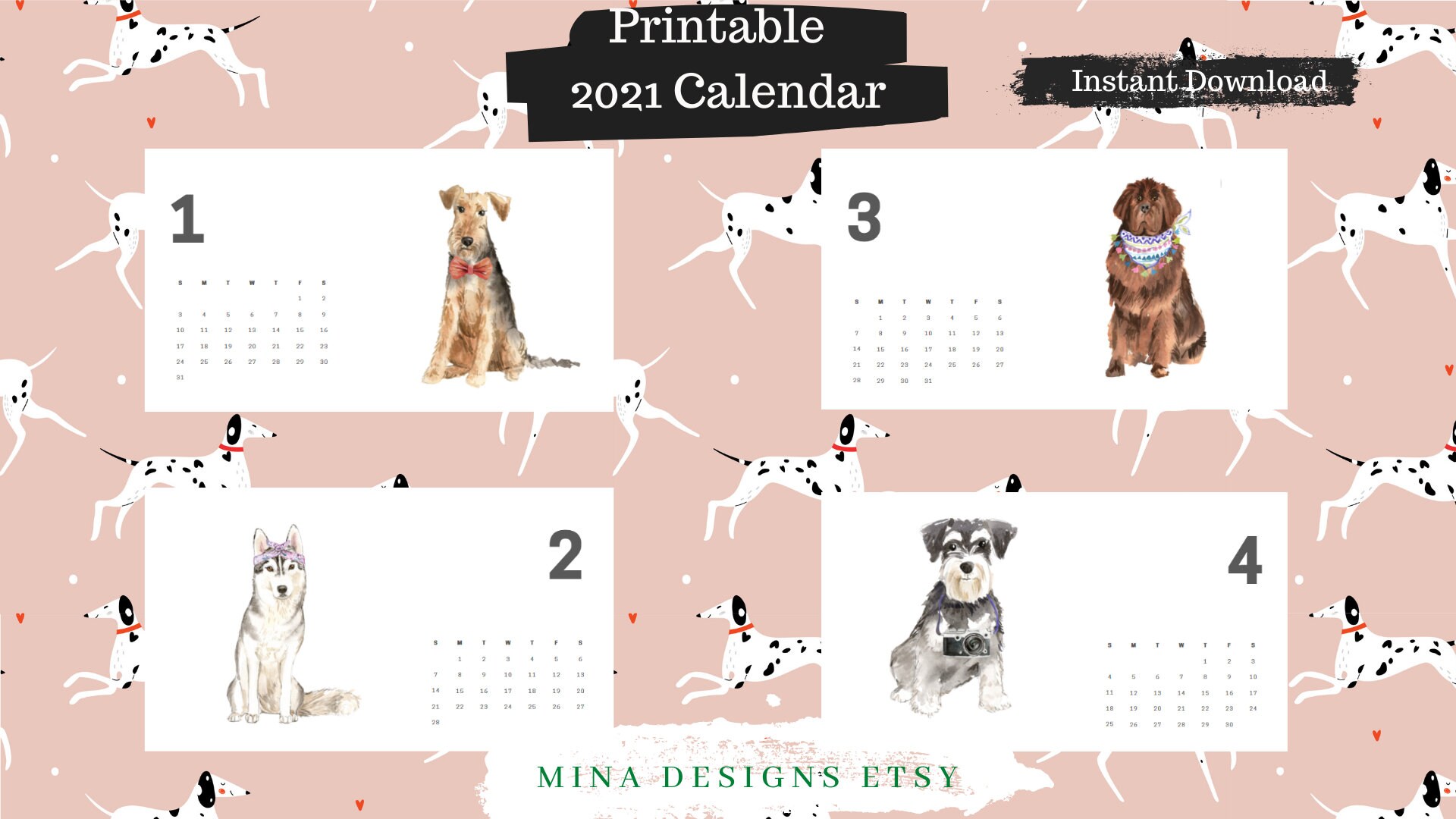 Printable Calendar With Dogs for 2021 Festive Dogs Cute | Etsy