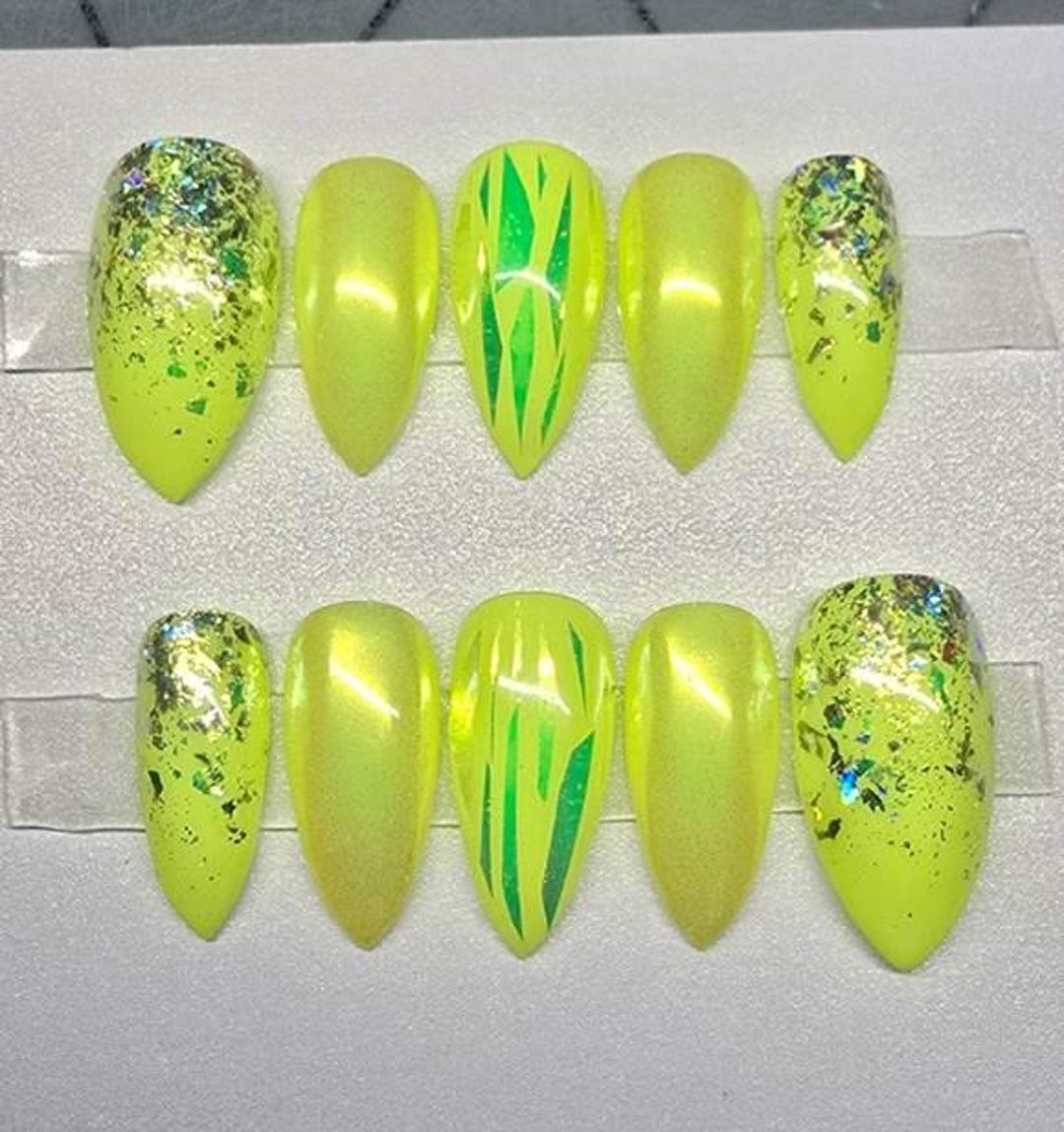 Neon Yellow | Iridescent Flakes | Unichrome | Luxury Custom Press-on ...