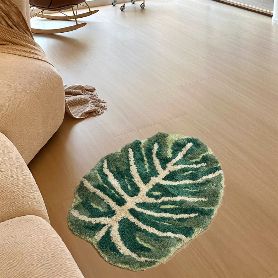 Green Monstera Rug, Hand Tufted Monstera Rug, Soft Irregular Monstera ...