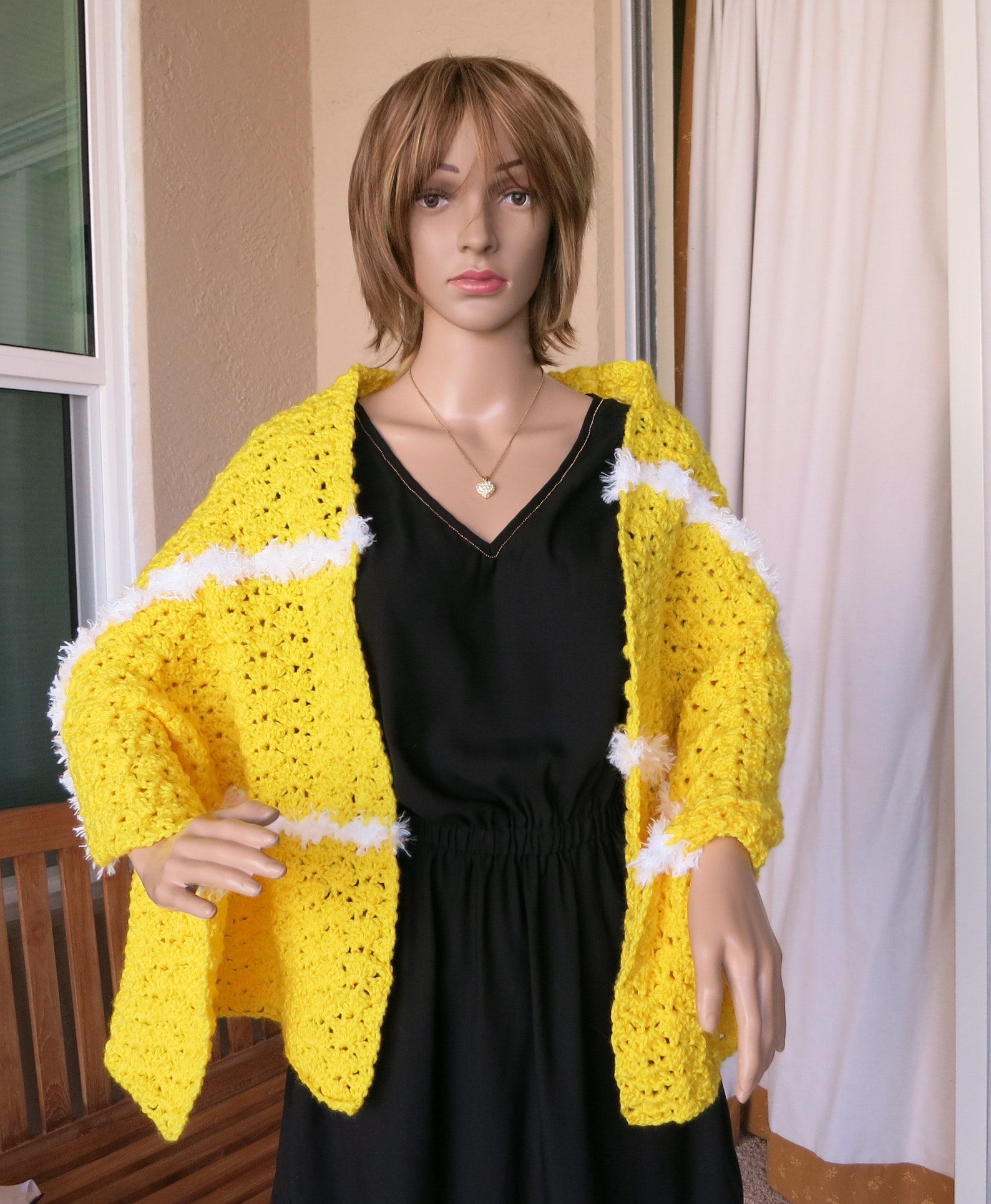 Brilliant Yellow Prayer Shawl Comfort Wrap Rectangular White Eyelash ...