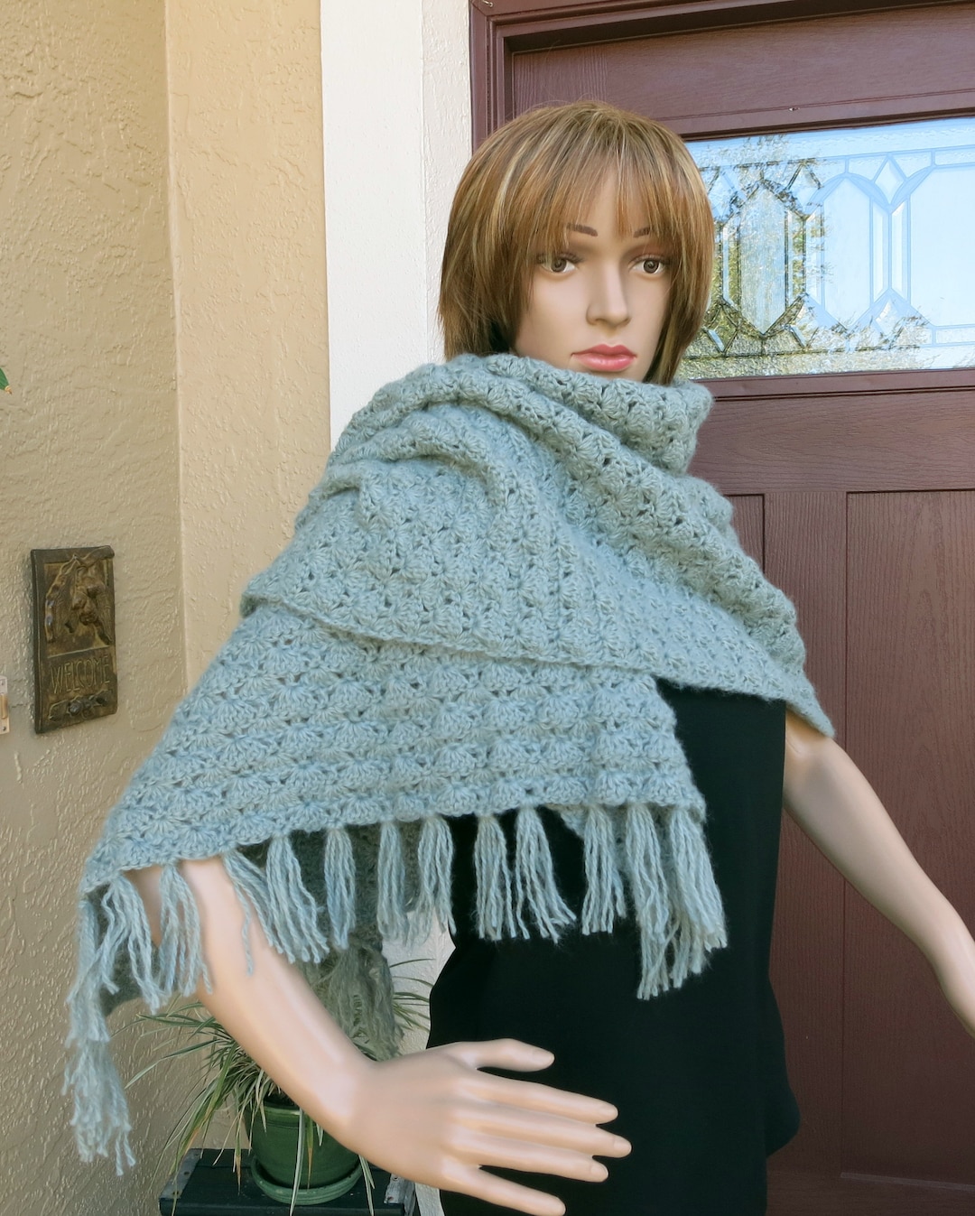 Sage Green Rectangular Shawl Fan Stitch Hand Crocheted Shawl Fringed ...
