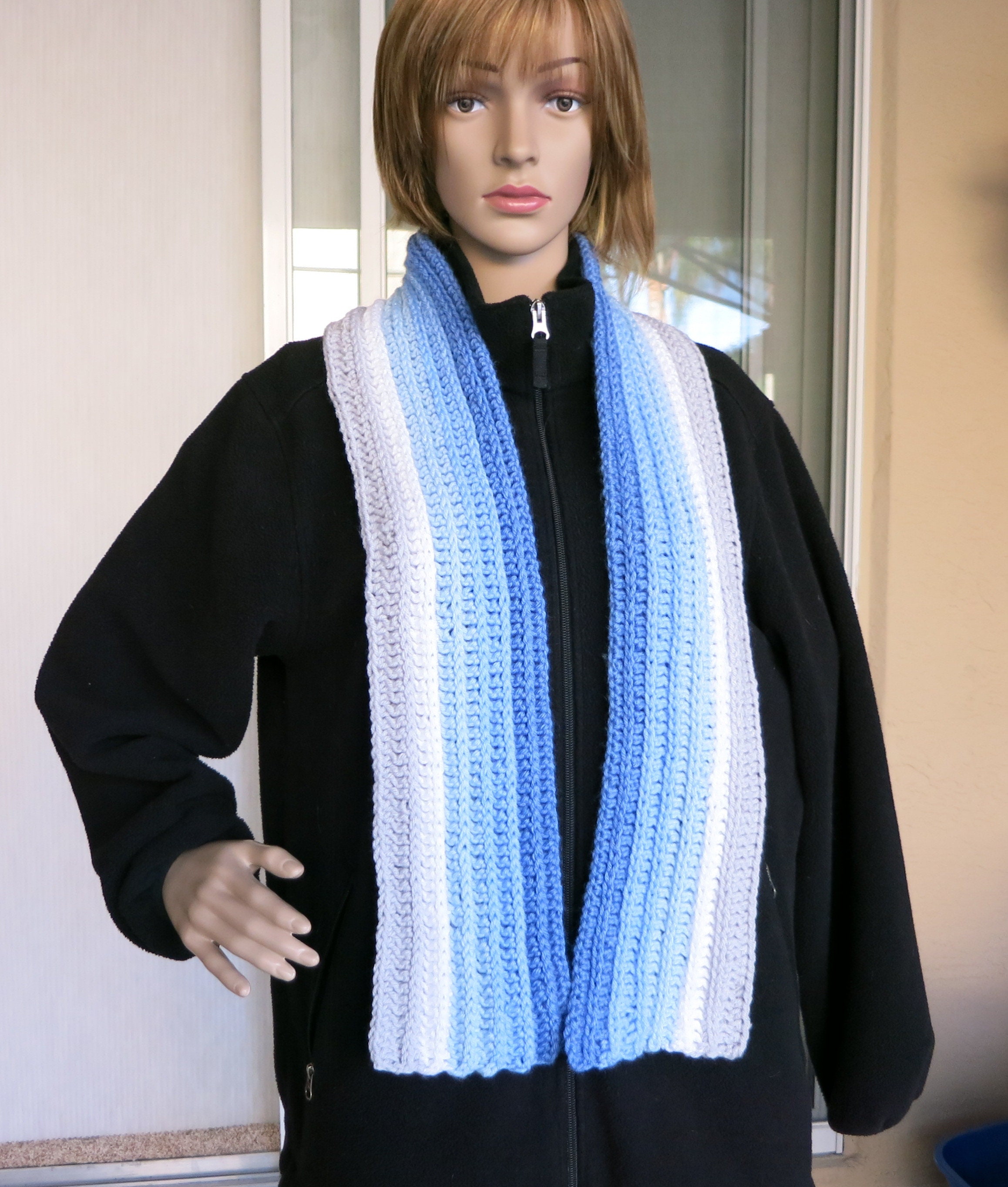 Blue Gradient Ribbed Scarf Hand Crocheted Unisex Winter Neckwear Campus ...