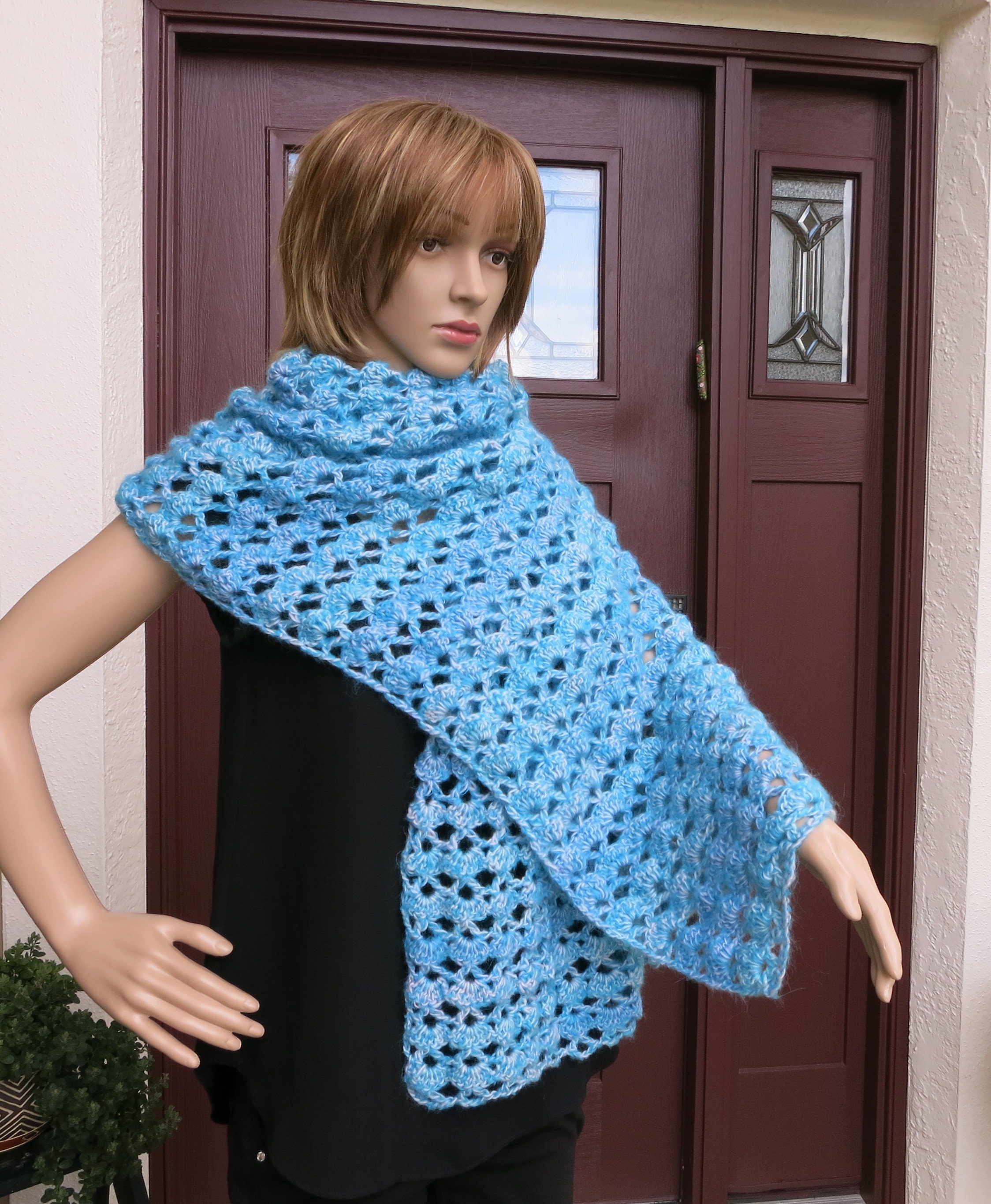 Two Strand Aqua Fuzzy Evening Shawl Hand Crocheted Rectangular Shawl ...