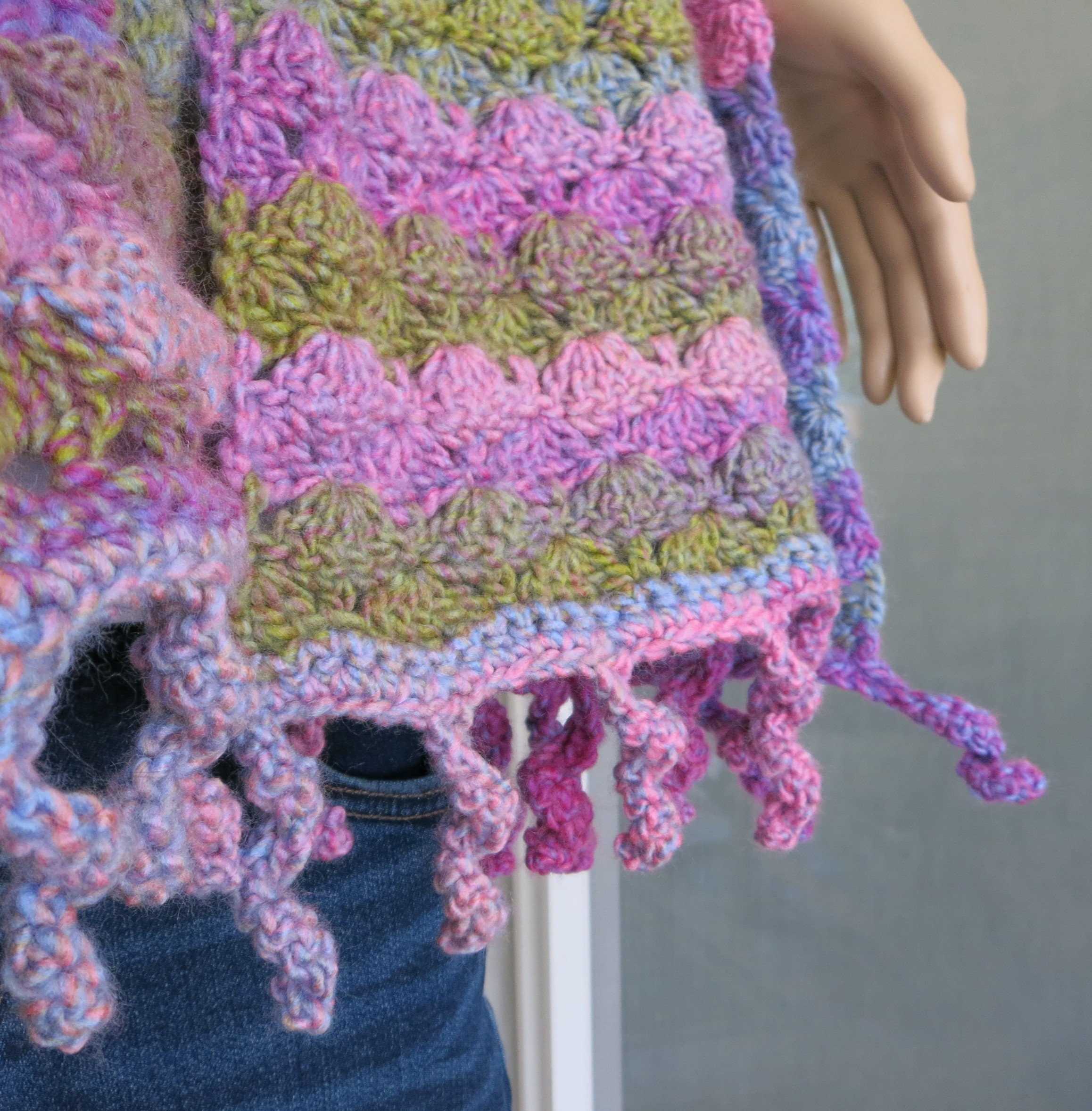 Heather Shawl Hand Crocheted Roving Yarn Curly Fringes Evening Shawl ...