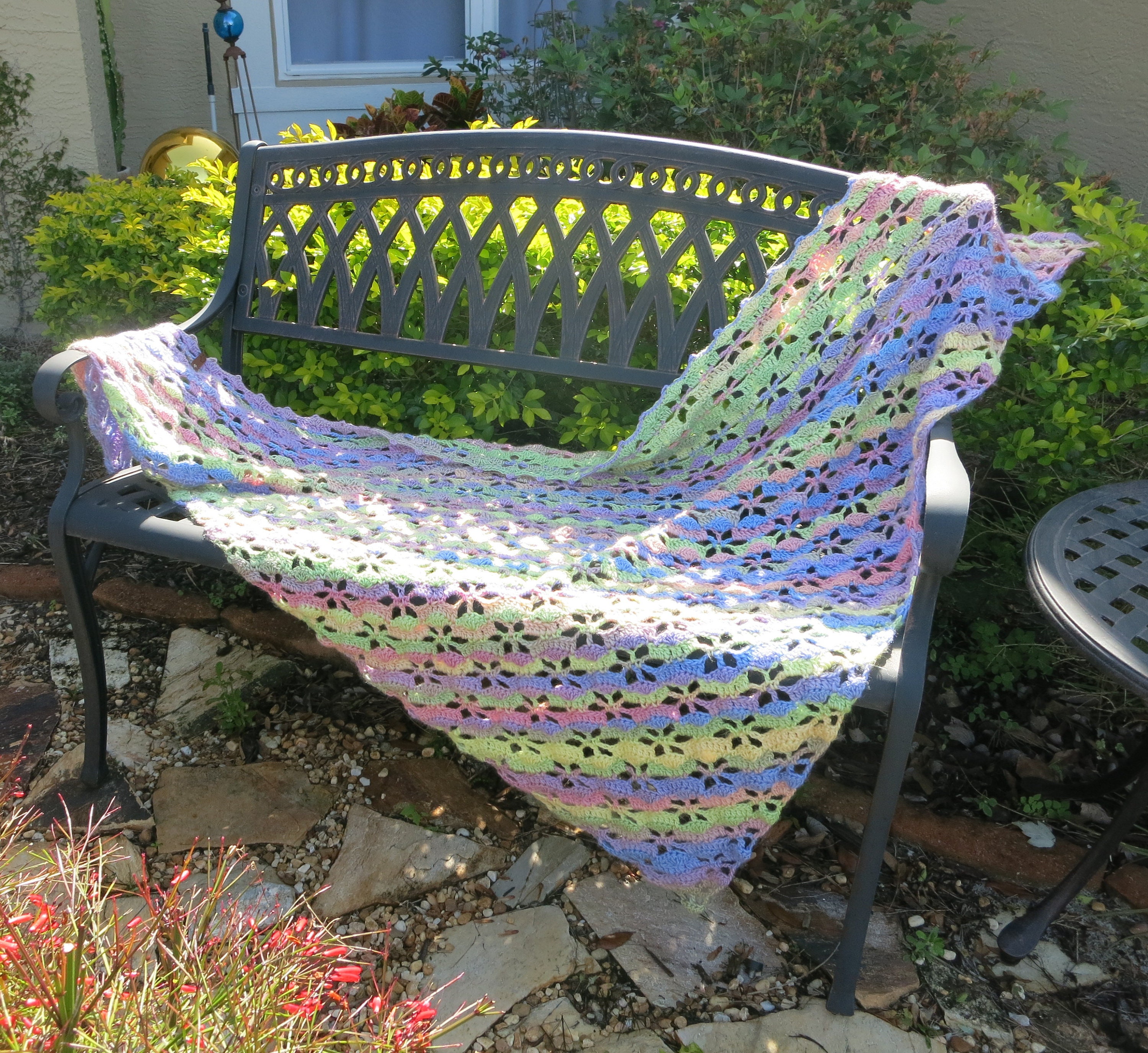 Pastel Floral Pattern Shawl Lustrous Yarn Hand Crocheted Trans Seasonal ...