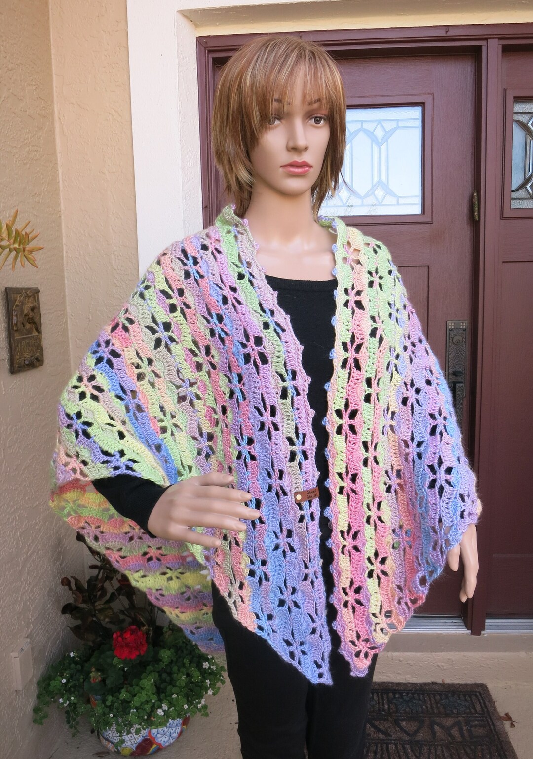 Pastel Floral Pattern Shawl Lustrous Yarn Hand Crocheted Trans Seasonal ...