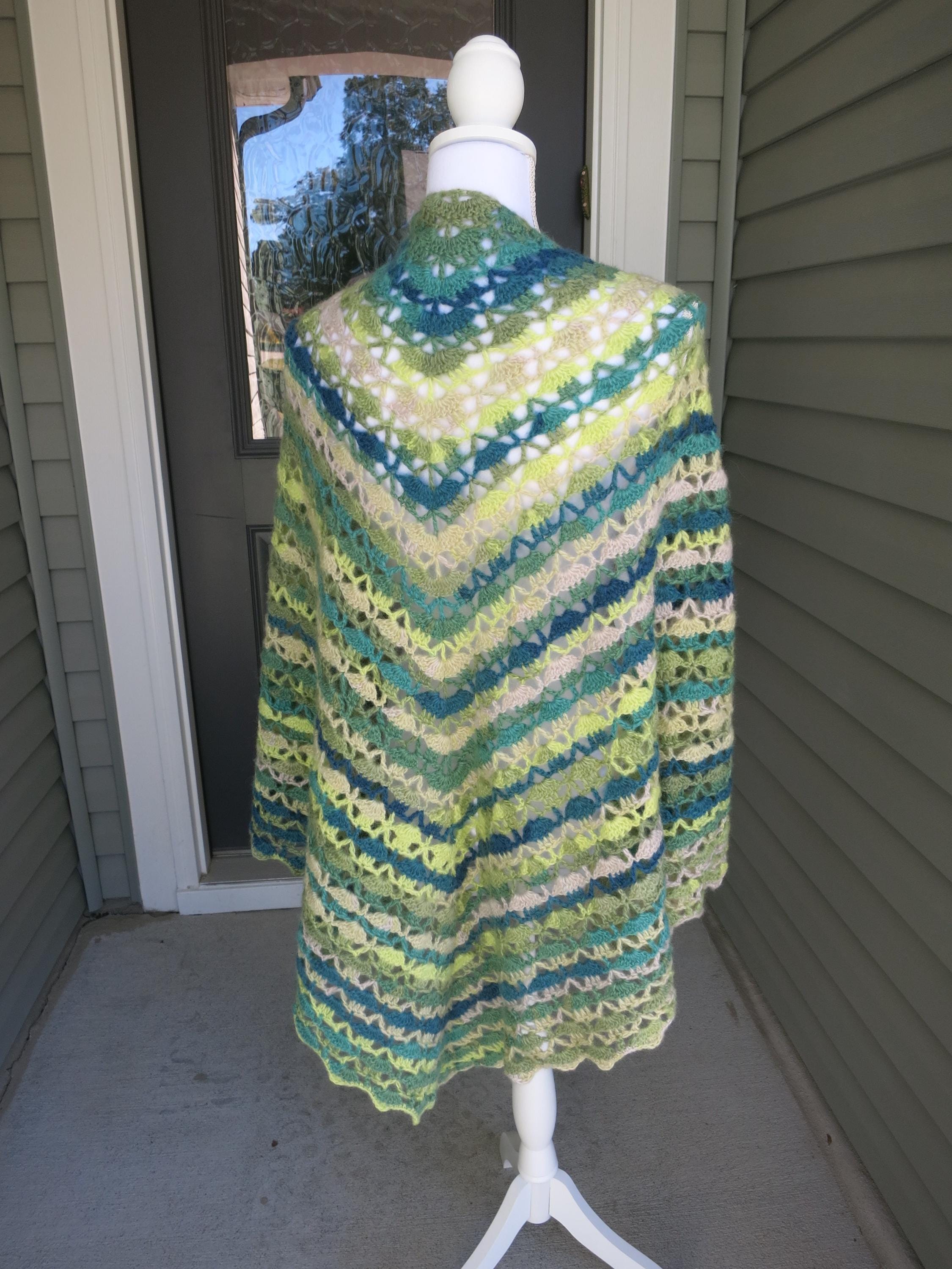 40 Shades of Green Fluffy Shawl Hand Crocheted Wool Blend Triangle Wrap ...