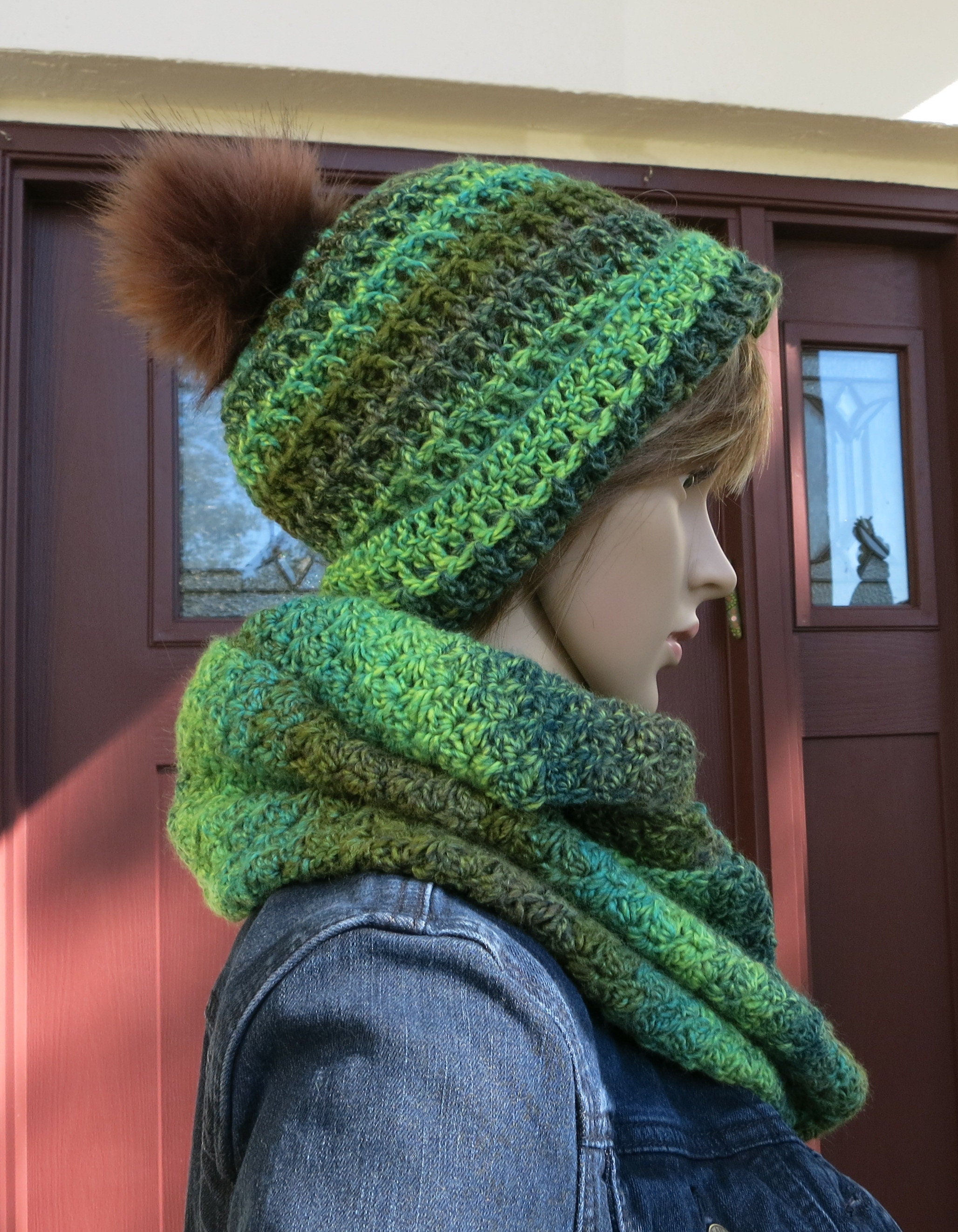 Crochet Winter Set: Evergreen Hat, Infinity Scarf & Ruffled Wristers ...