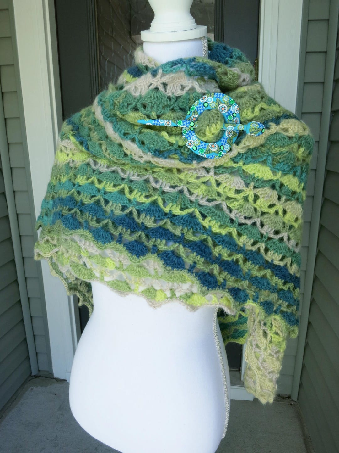 40 Shades of Green Fluffy Shawl Hand Crocheted Wool Blend Triangle Wrap ...