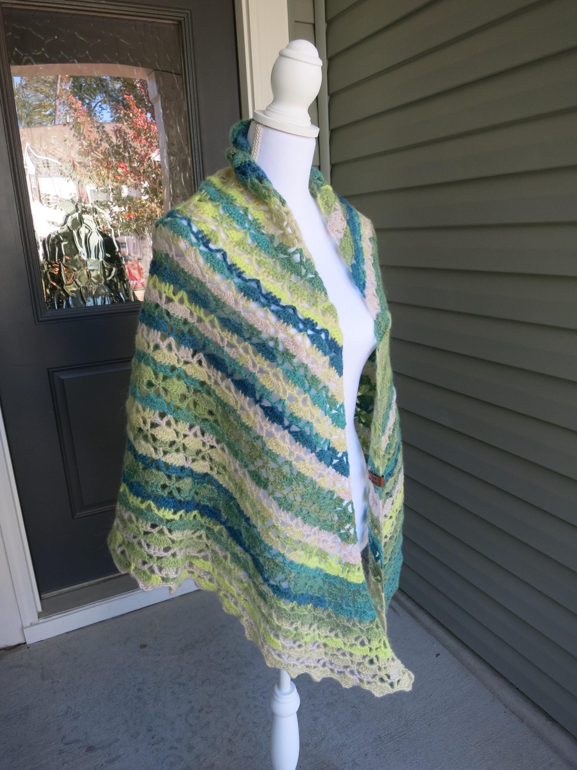 40 Shades of Green Fluffy Shawl Hand Crocheted Wool Blend Triangle Wrap ...