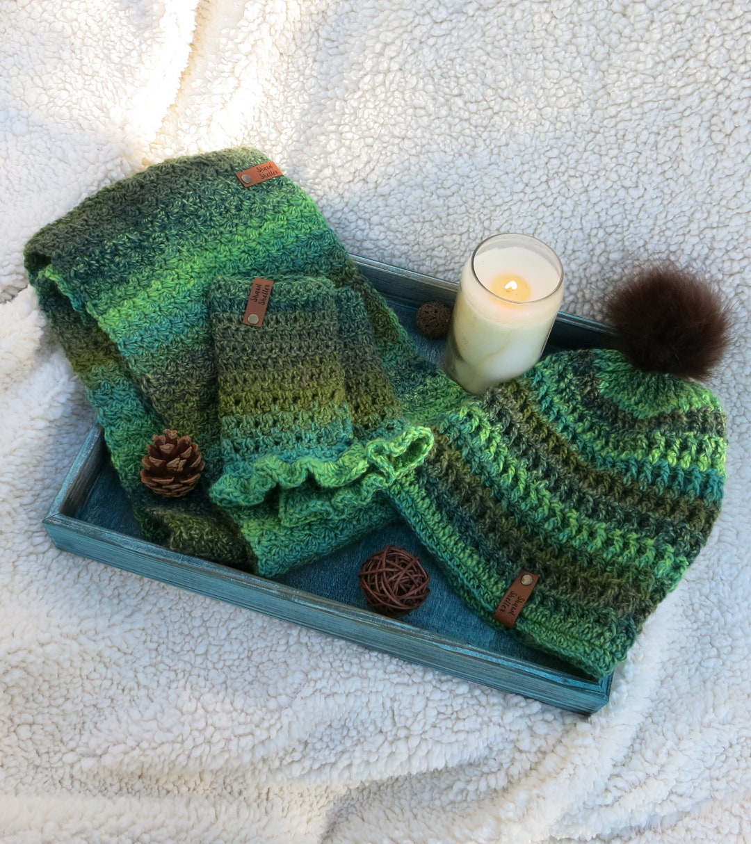 Crochet Winter Set: Evergreen Hat, Infinity Scarf & Ruffled Wristers ...