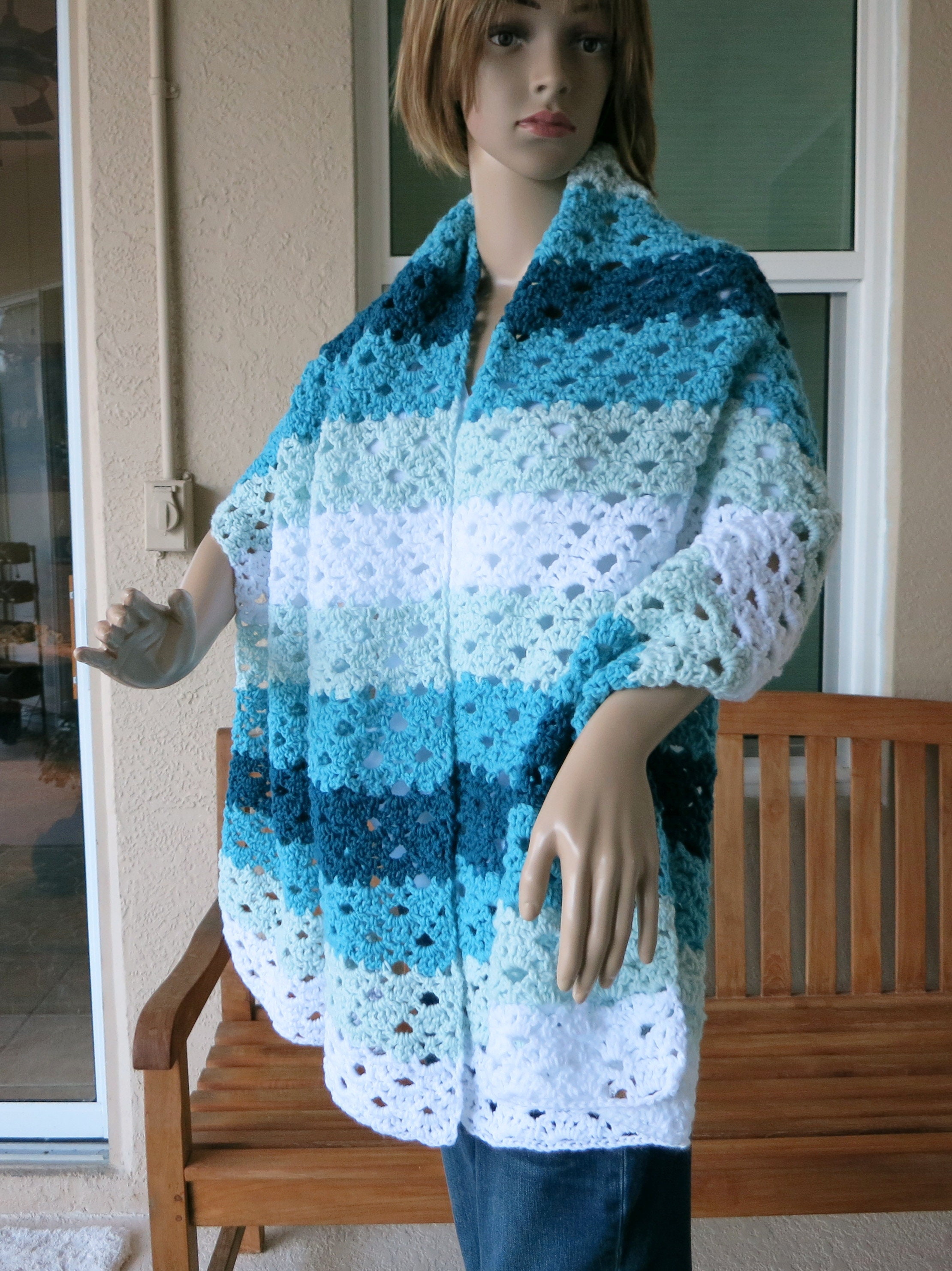 Hand Crocheted Teal Shawl: Fan Pattern, Easy Care Acrylic - Etsy