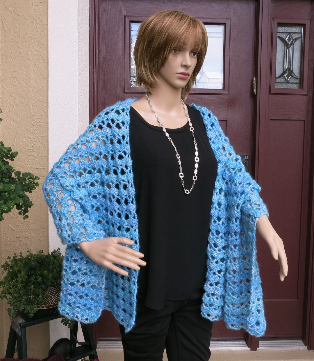 Two Strand Aqua Fuzzy Evening Shawl Hand Crocheted Rectangular Shawl ...
