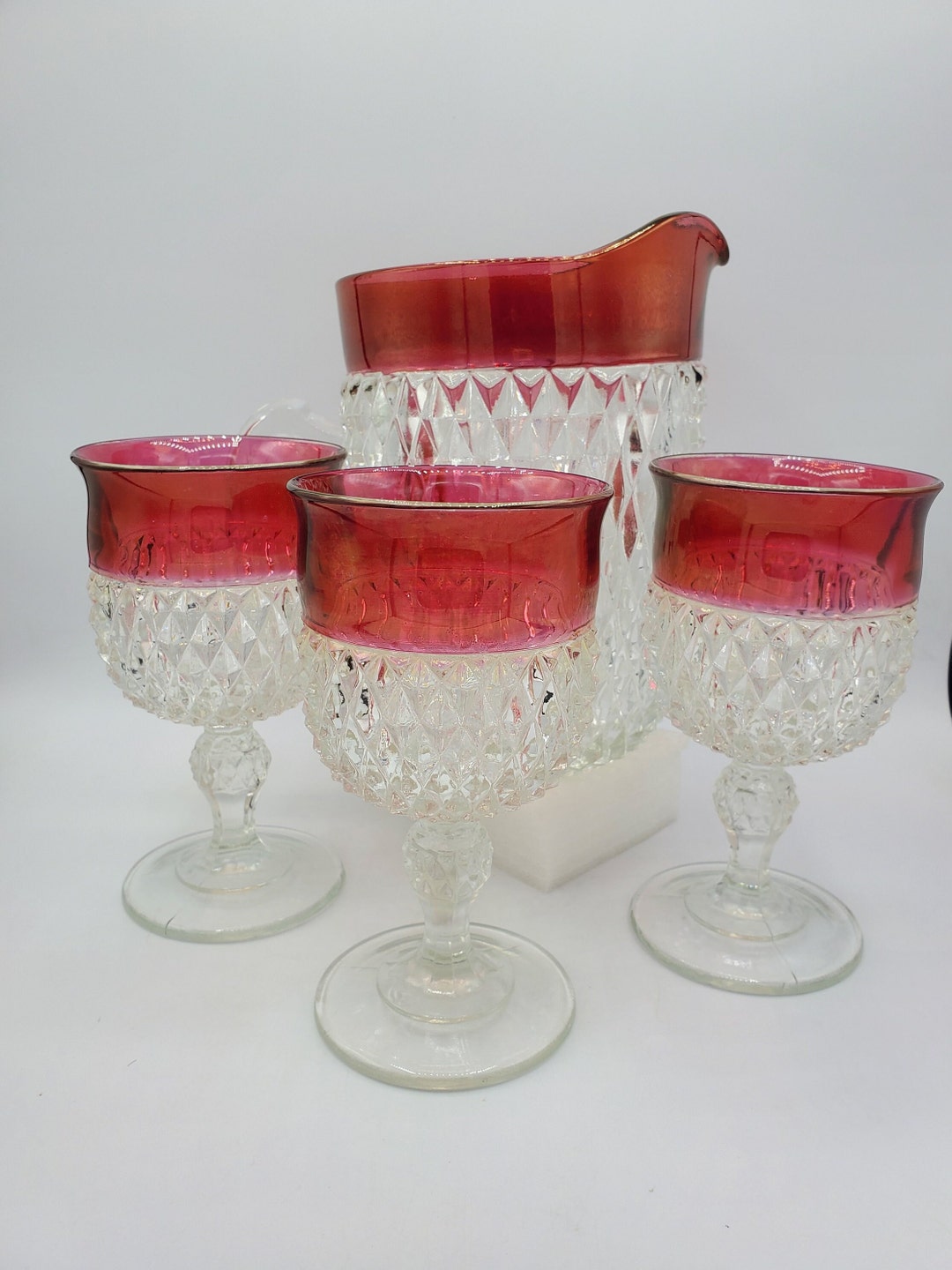 Indiana Glass Diamond Point Ruby Glass Pitcher & 3 Matching Goblets ...