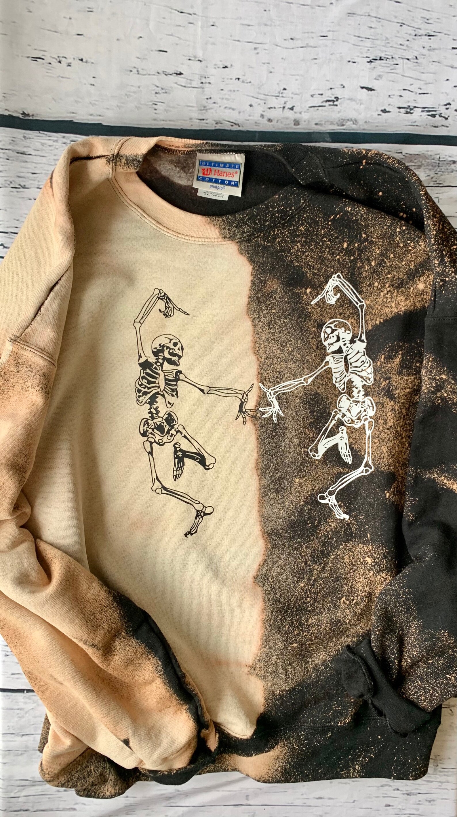 Split Bleached Crewneck Half Bleached Half Black Acid Wash Skeleton ...