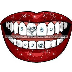 Woman Red Lips Smiling Showing Diamond Crystal Gems Teeth Dental White ...