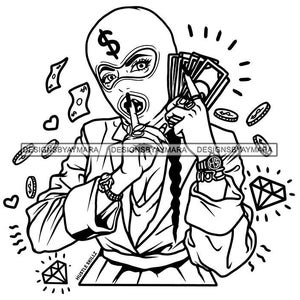 Woman Hooded Mask Dollar Sign Finger Mouth Cash Money Dollars Braids ...